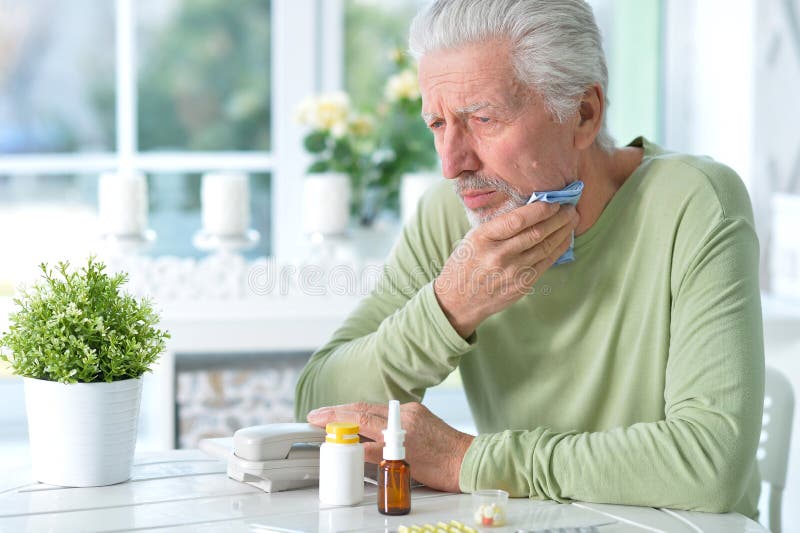 Portrait of Sad Sick Senior Man at Home Stock Image - Image of indoors ...
