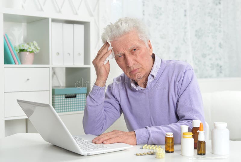 Portrait of Sad Sick Senior Man Using Laptop Stock Photo - Image of ...