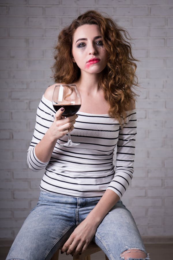 Portrait of Sad Woman Crying and Drinking Wine Stock Image - Image of ...