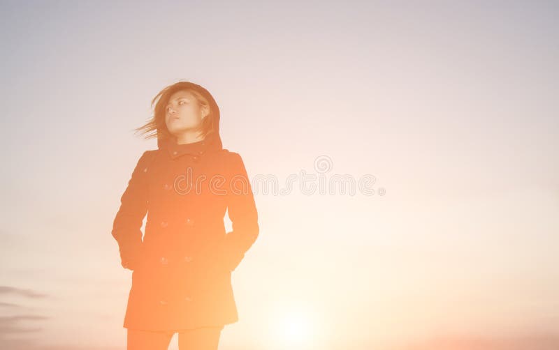 Portrait of Sad Woman Standing Alone with Sunset so Lonely Stock Image ...