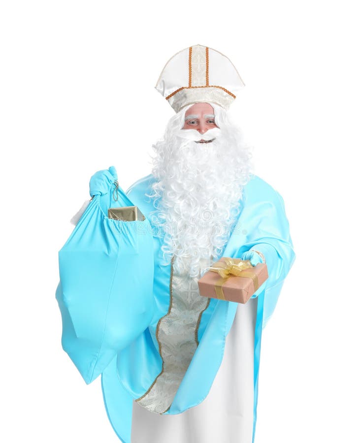 Portrait of Saint Nicholas Holding Sack with Presents on White ...