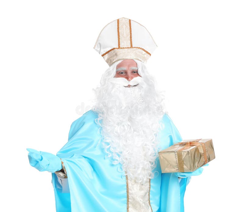 Portrait of Saint Nicholas with Present on White Background Stock Image ...
