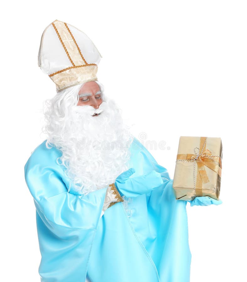 Portrait of Saint Nicholas with Present on White Background Stock Photo ...
