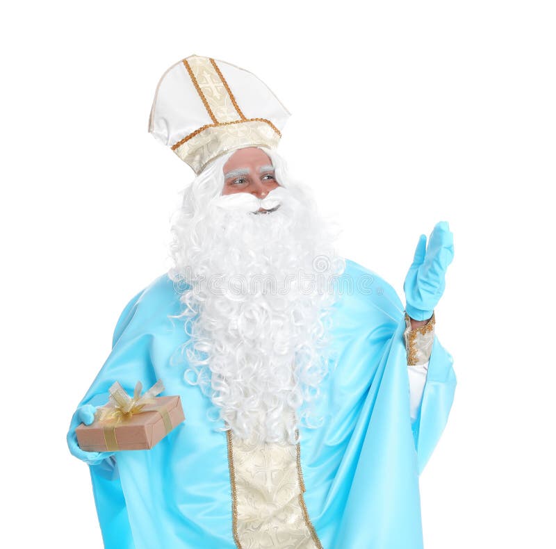 Portrait of Saint Nicholas with Present on White Background Stock Photo ...