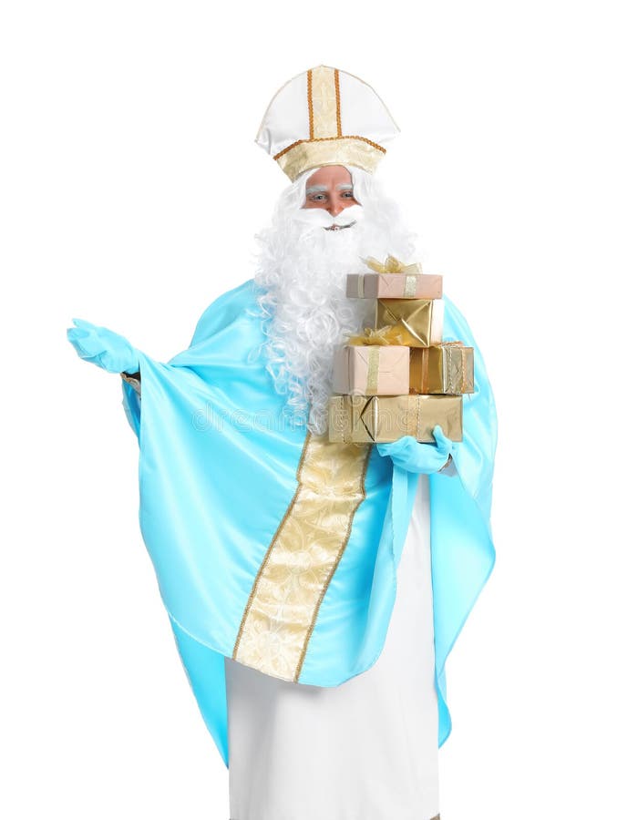 Portrait of Saint Nicholas with Presents on White Background Stock ...