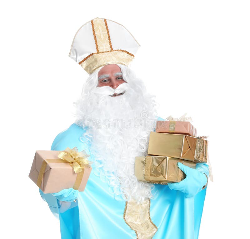 Portrait of Saint Nicholas with Presents on White Background Stock ...