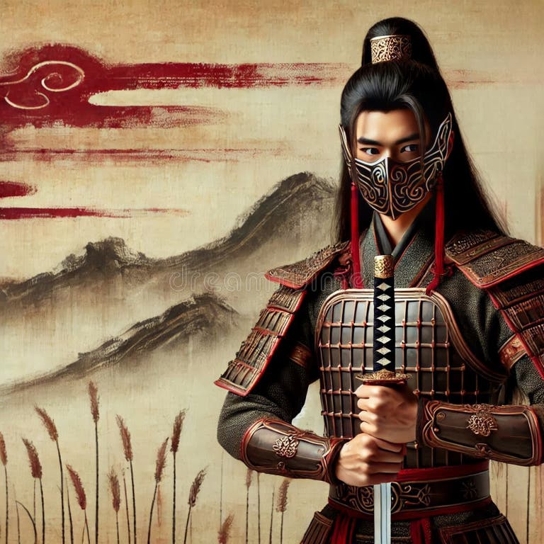 Portrait of Samurai with Armor and Sword Stock Illustration ...