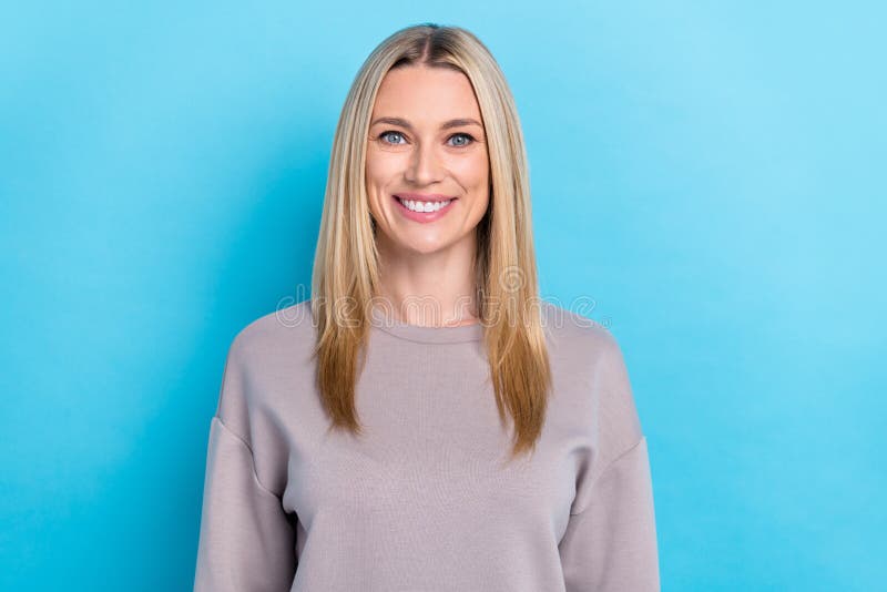 Portrait Of Satisfied Cheery Lady Toothy Smile Dressed Pastel