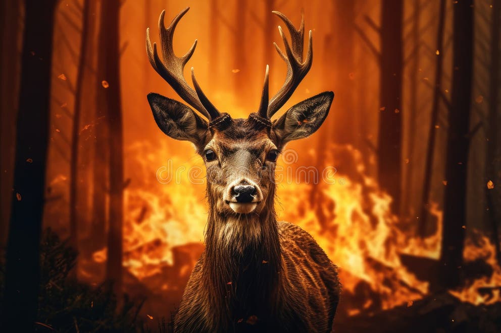 Deer in Burning Forest, Generative AI Stock Illustration - Illustration ...