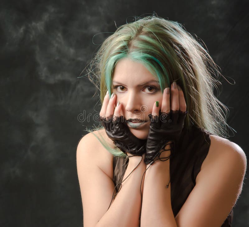 Portrait of Scared Girl with Green Hair Stock Image - Image of gloves ...