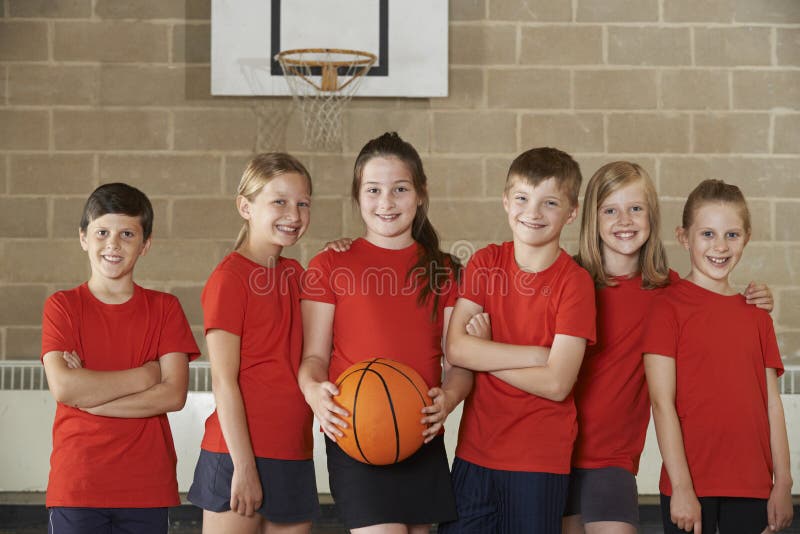 Portrait of School Basketball Team in Gym Stock Image - Image of ...