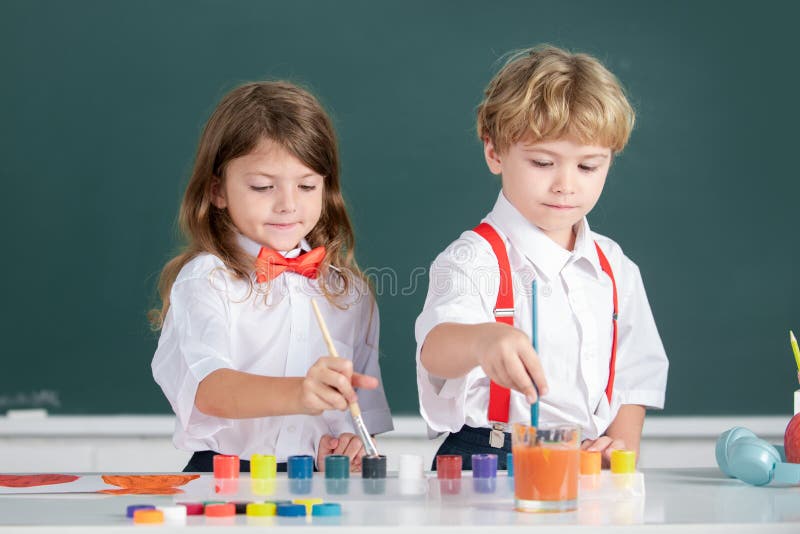 Portrait School Kids Doing Art Homework. Children Drawing on Elementary ...