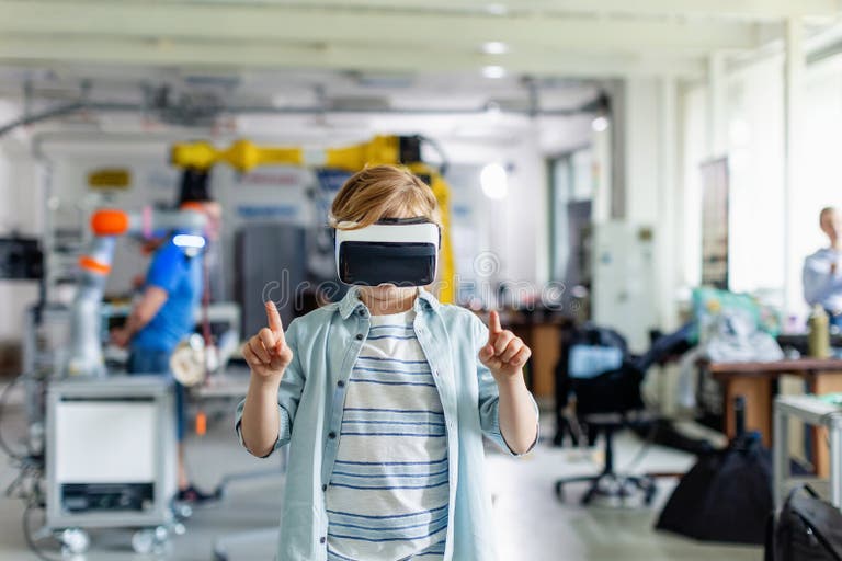Portrait of Schoolboy with VR Headset on Head. Children Learning ...