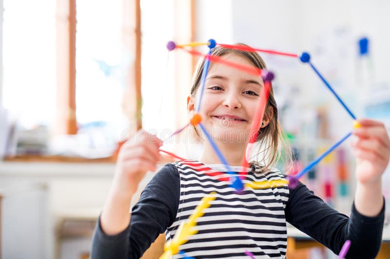 Portrait of Schoolgirl Using Educational Tool, Learning Geometry during ...