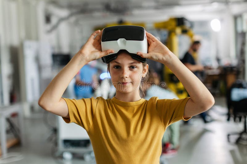 Portrait of Schoolgirl with VR Headset on Head. Children Learning ...
