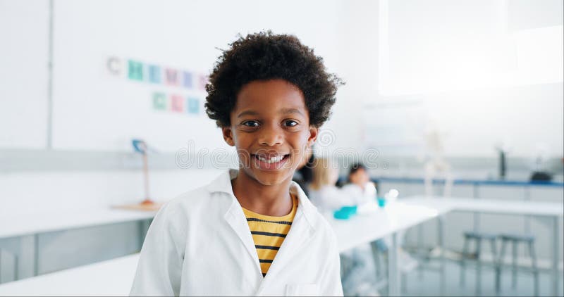 Portrait, Science and Child in Classroom with Lab Coat, Knowledge or ...