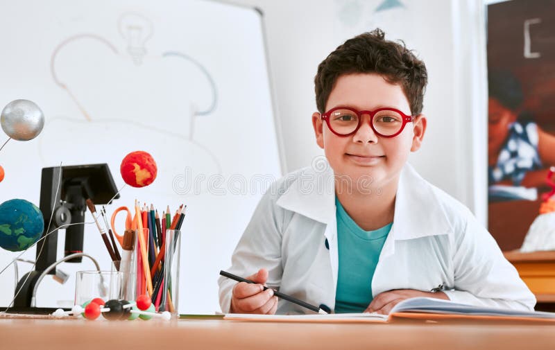 Portrait, Science and Writing with Boy Student in Laboratory for ...