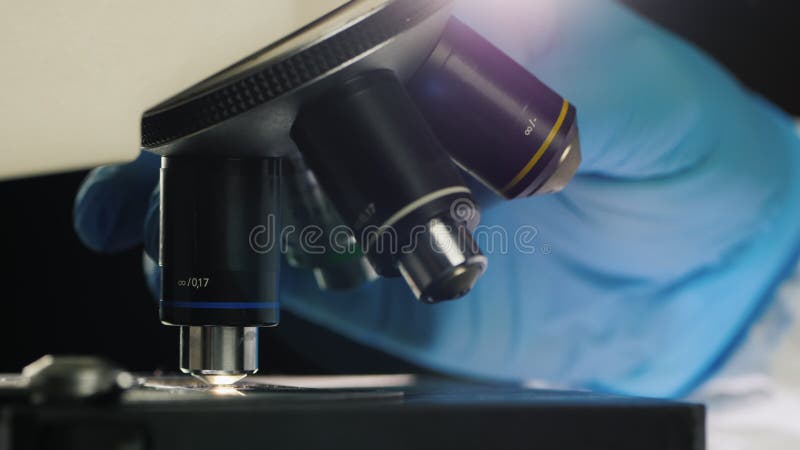 Side View of of a Scientist Working with a Microscope in the Lab Stock ...