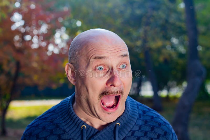 Portrait of a Screaming Bald Man in a Blue Sweater Stock Photo - Image ...
