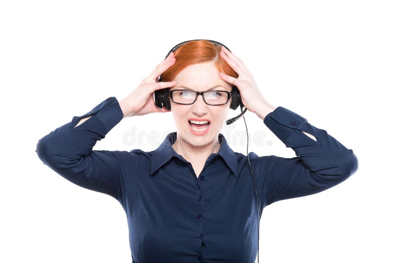 Young Call Center Secretary Consultant Woman Screaming Phone Stock ...