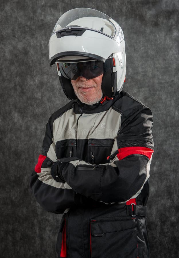 Portrait of Senior Biker with White Helmet Stock Image - Image of glove ...