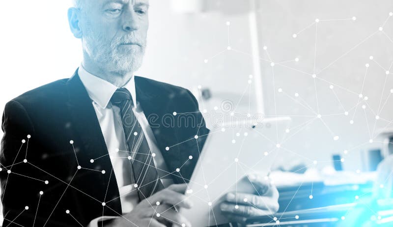 Portrait of Senior Businessman Working on Tablet. Light Effect Stock ... Portrait of Senior Businessman Working on Tablet. Light Effect Stock ...