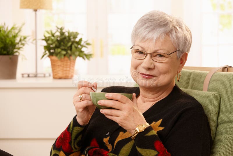 Charming Old Lady with a Cup of Tea Stock Image - Image of portrait ...