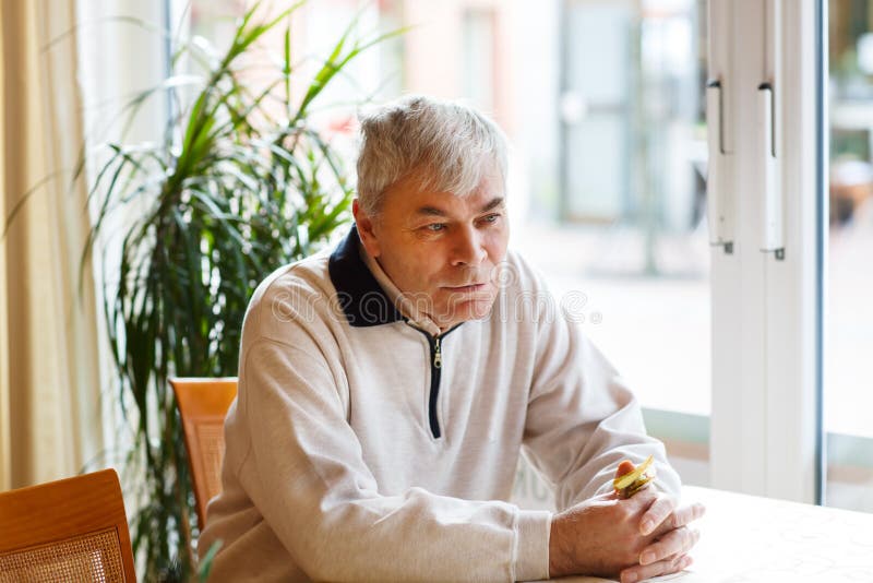 Portrait of Senior Man Near Window, Indoor. Stock Image - Image of hair ...