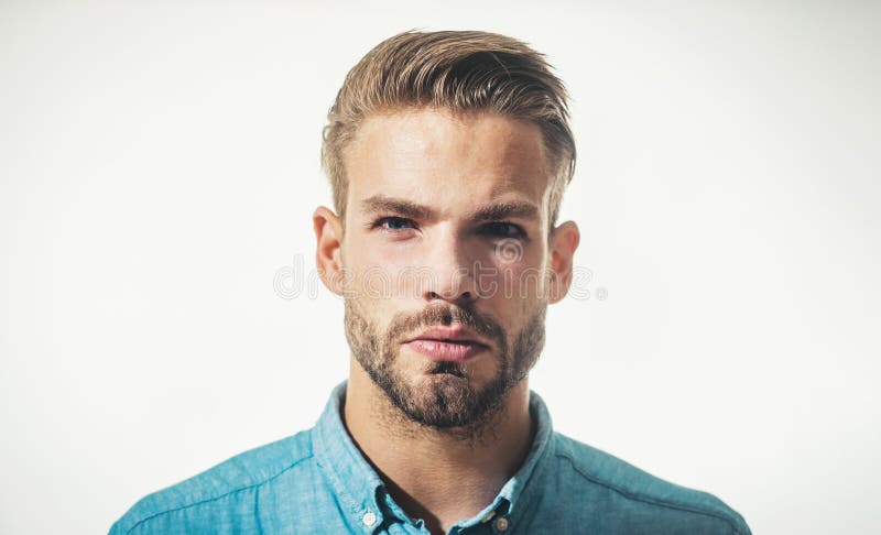 Portrait Serious Fashionable Bearded Man In Denim Shirt Handsome