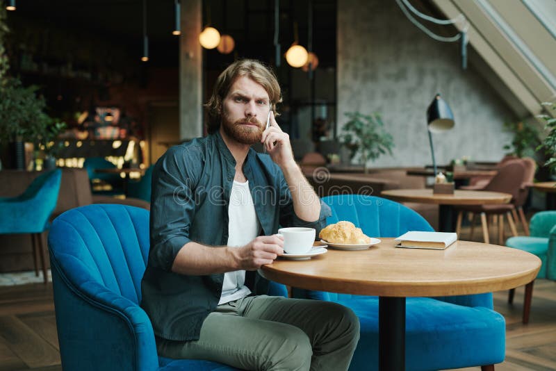 Modern Guy Calling by Phone Stock Image - Image of business, table ...