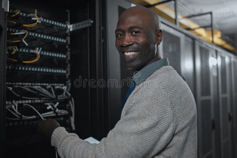 Portrait, Server Room and Black Man on Tablet for Database Maintenance ...