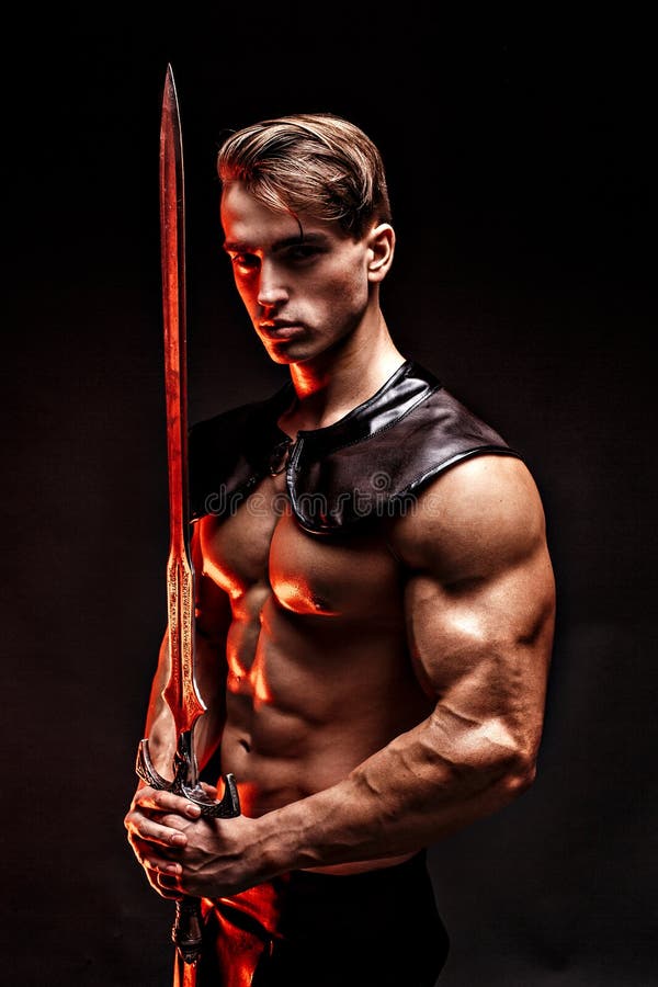 Portrait of Muscular Man Holding Sword Stock Image - Image of handsome ...