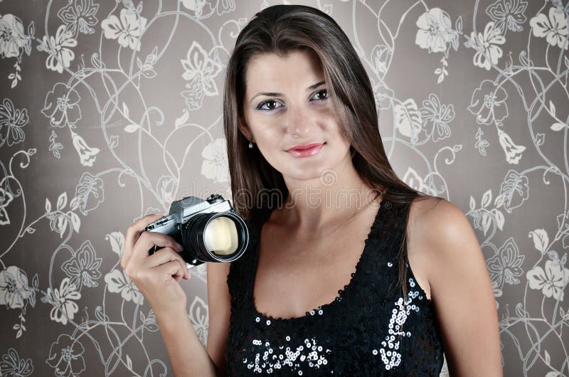 Portrait of Smiling Young Woman with Camera Stock Image - Image of ...
