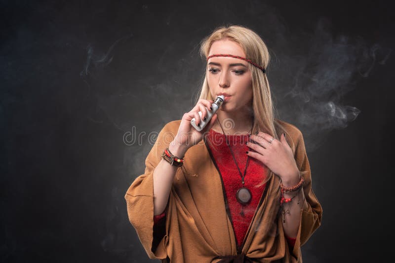 Portrait Of Young Hipster Smoking Vaping Girl The Woman Is Dressed In