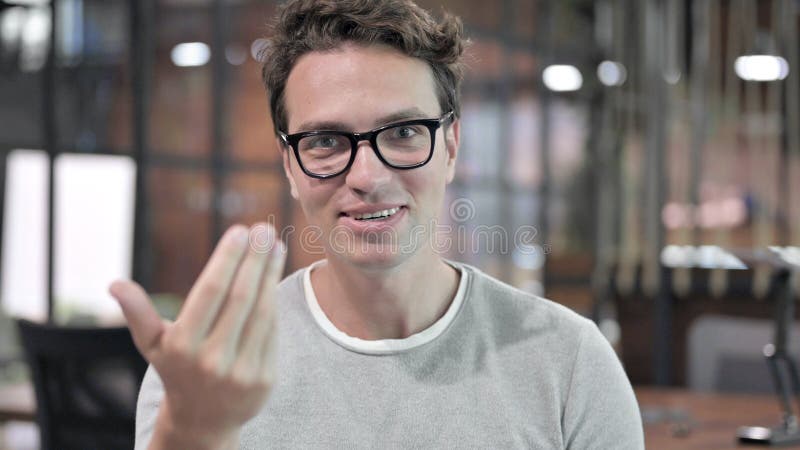 Portrait Shoot of Young Guy Inviting by Hand Sign Stock Image - Image ...