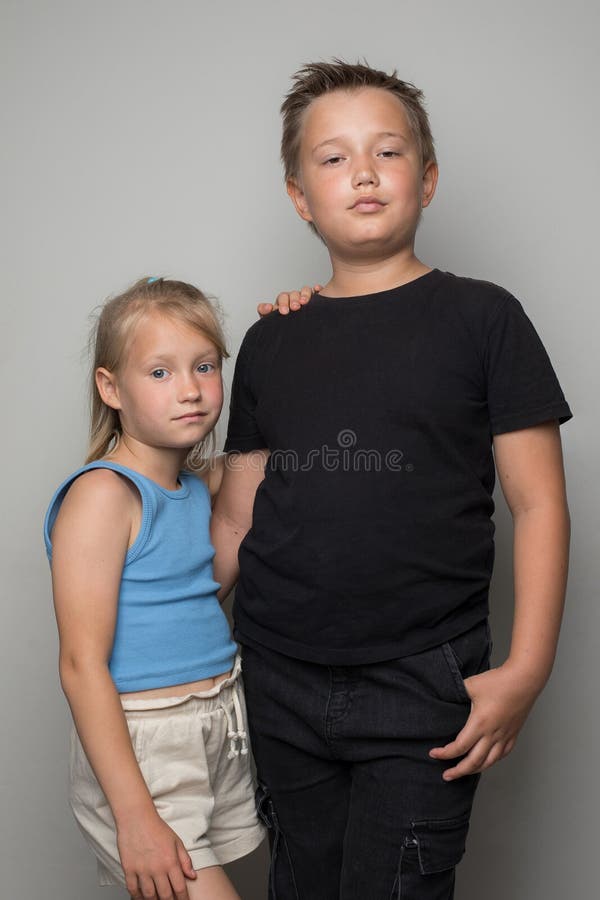 Cute Siblings Brother Sister Hugging Posing Over White Background Stock ...