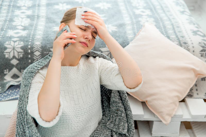 Sick Young Woman with Cold and Flu at Home Stock Photo - Image of ...