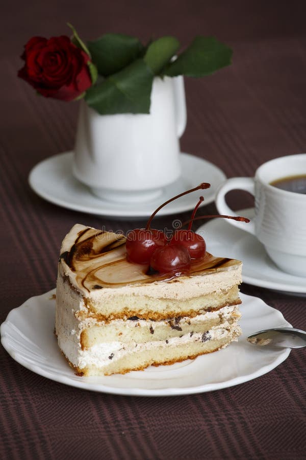 Portrait of a Slice of Cake with Tea and a Rose Stock Image - Image of ...