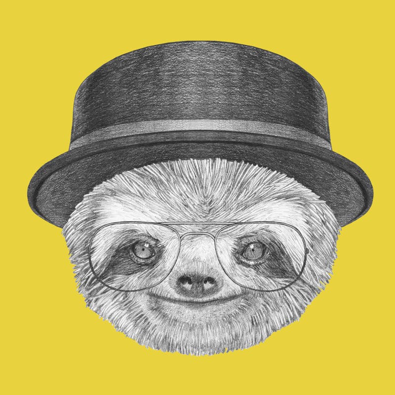 Portrait of Sloth with Hat and Glasses. Stock Illustration ...