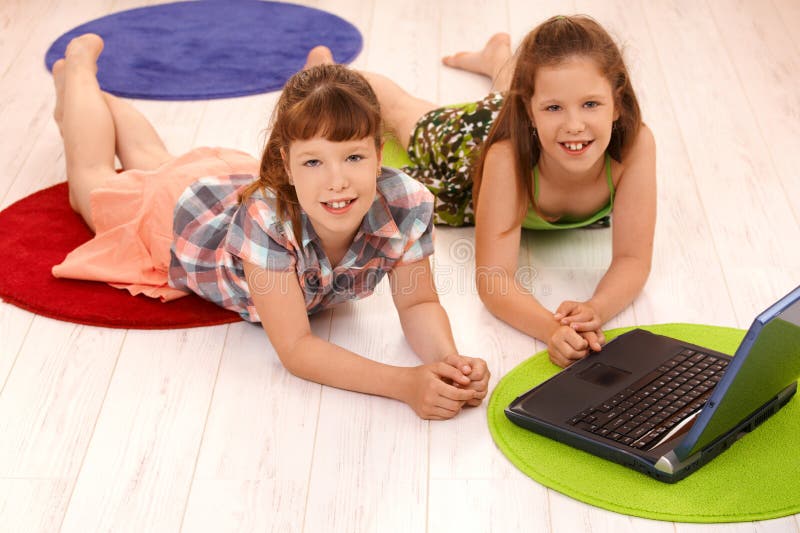 Portrait of Small Girls with Computer Stock Image - Image of face ...