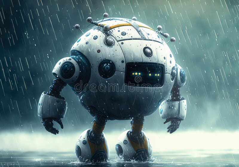 Small Robot Wiht Soccer Ball Shape Head on the Rain, Generative AI ...