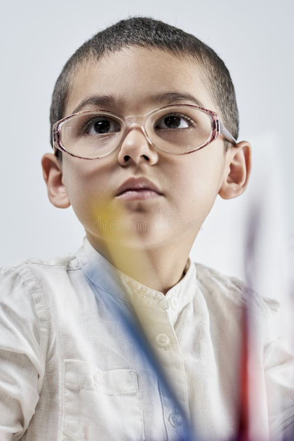 Portrait of Smart Boy in Glasses Stock Image - Image of indoors ...