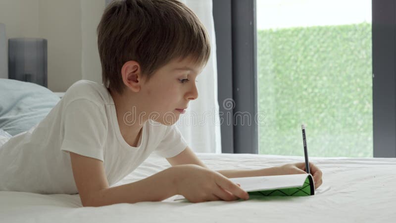 Portrait of Smart Boy Lying in Bed at Morning and Doing Homework in ...