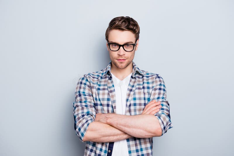 Portrait Of Smart Clever Confident Guy In Glasses Checkered Stock