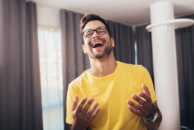 Smart Confident Smiling Millennial Man Standing at Home Stock Image ...