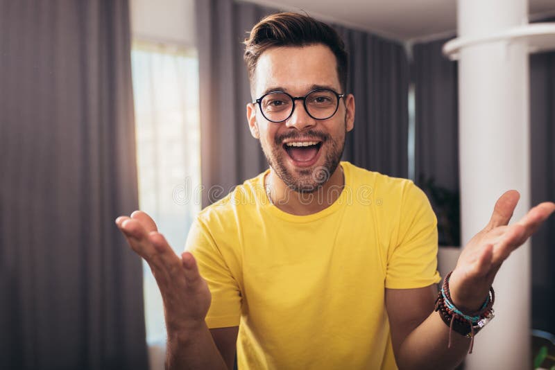 Smart Confident Smiling Millennial Man Standing at Home Stock Image ...