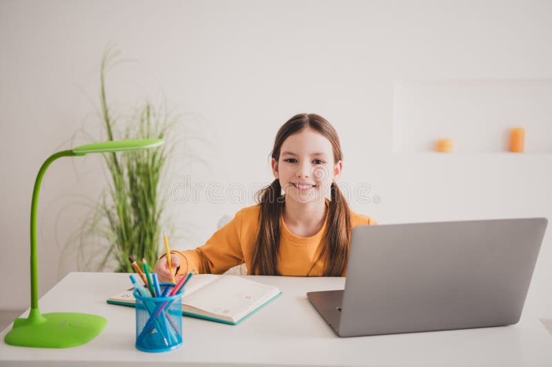 Portrait of Smart Schoolkid Write Notebook Study Laptop Desk White ...