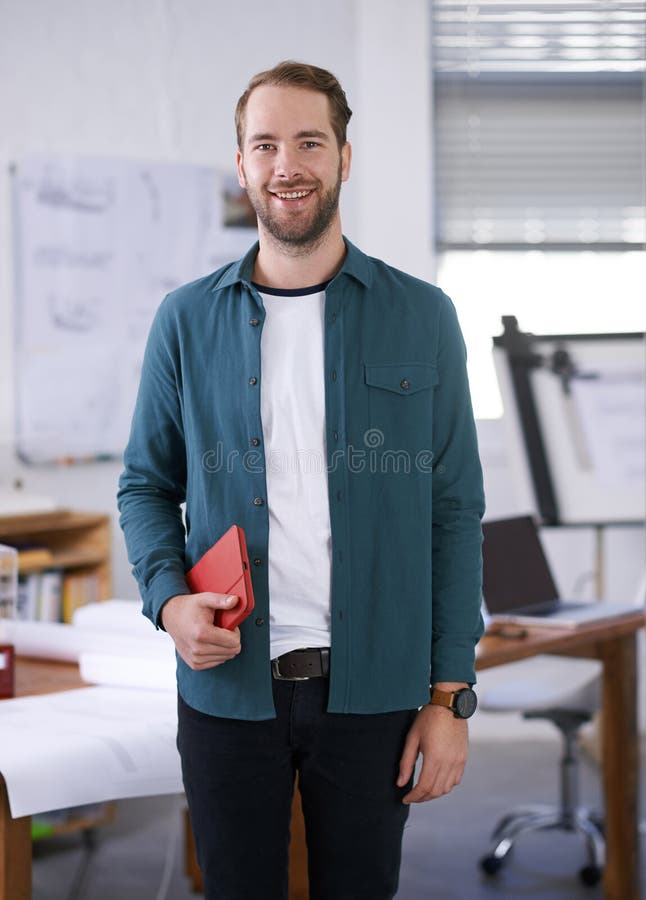 Portrait, Smile and Notebook with Architect Man in Office with ...