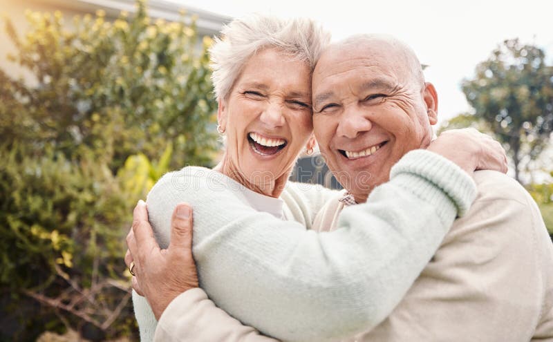 Portrait Smile And Senior Couple Hug Countryside Vacation And Loving