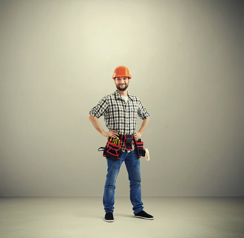 Smiley Builder in Hard Hat and Belt Stock Photo - Image of person ...
